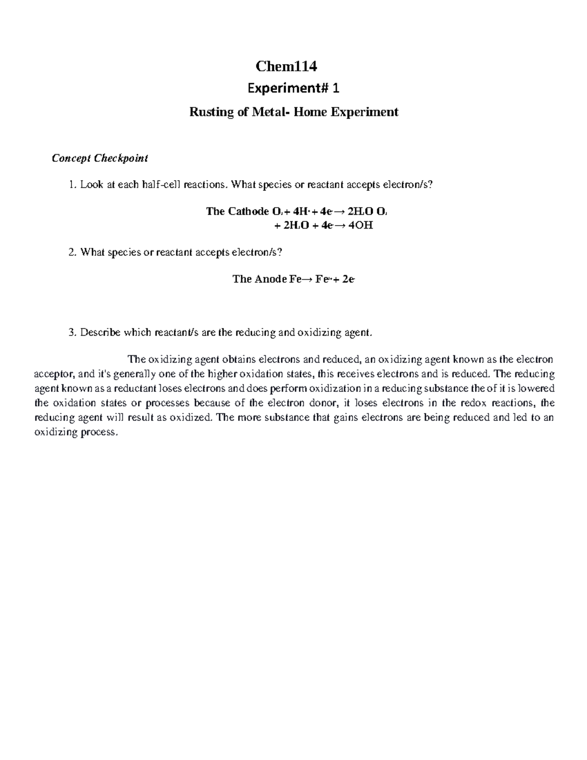 CHEM-114 Rusting Observation - Chem Experiment# 1 Rusting of Metal ...