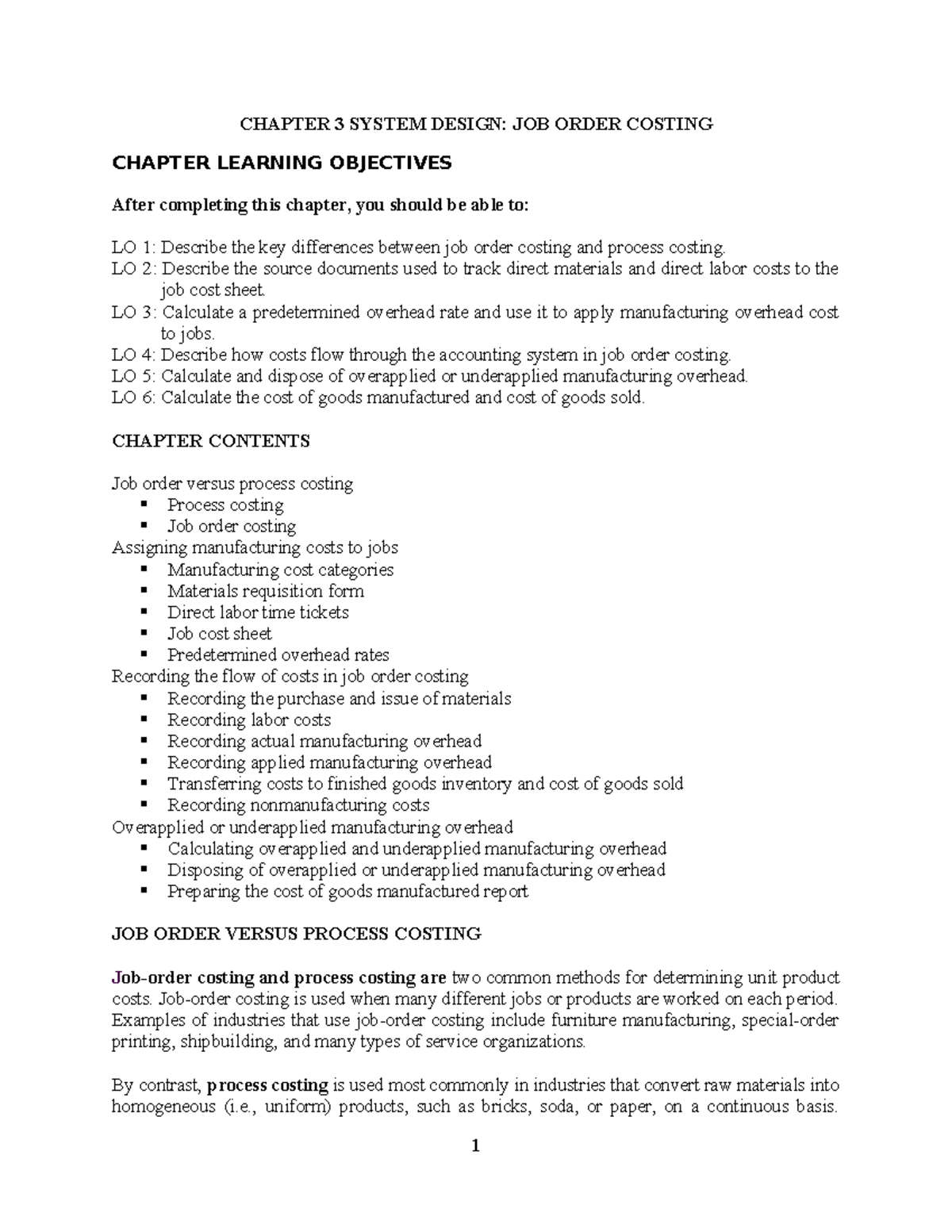 Chapter 3 JOB Order Costing 0 - CHAPTER 3 SYSTEM DESIGN: JOB ORDER COSTING CHAPTER LEARNING ...