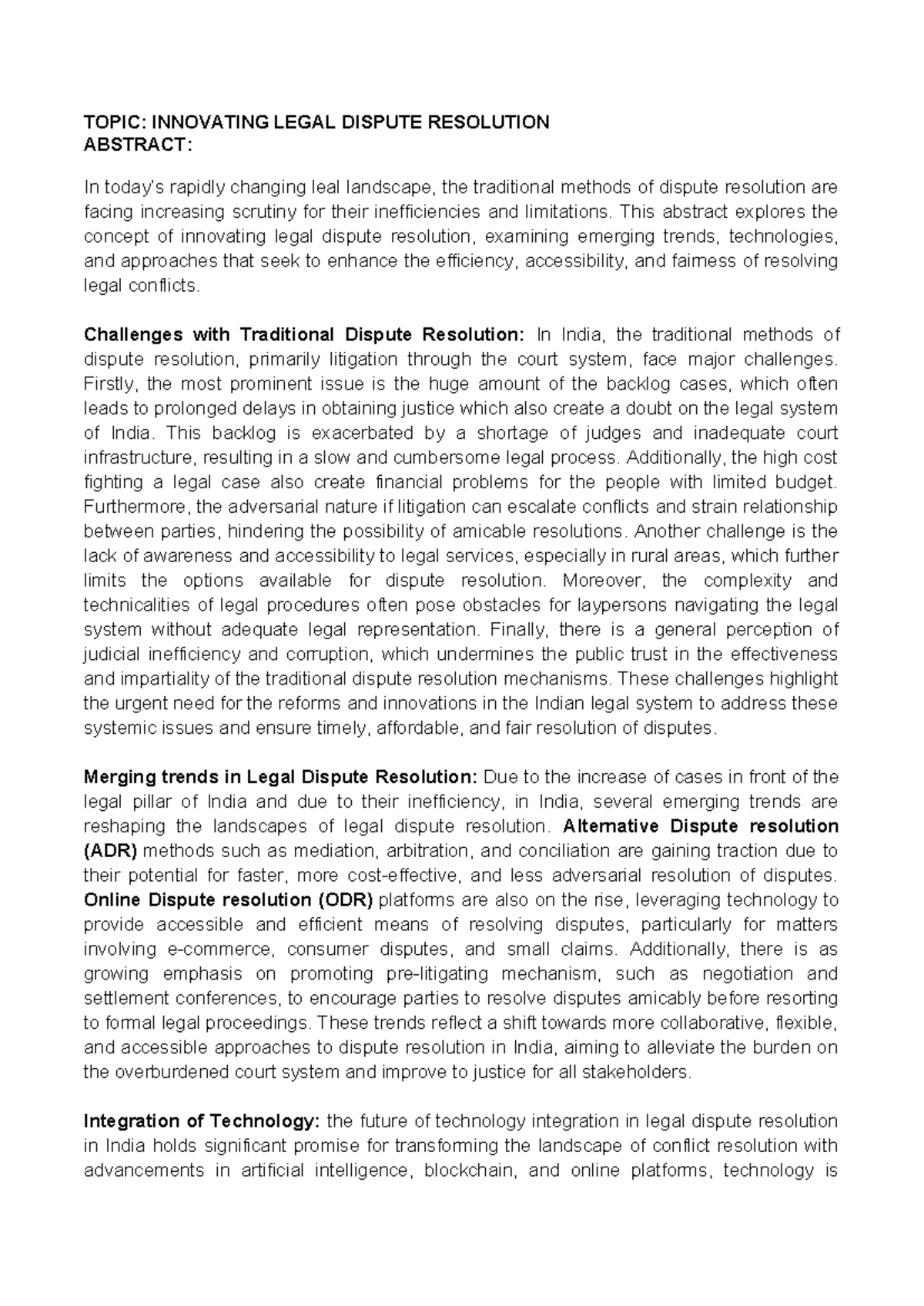 Abstract legal horizon - TOPIC: INNOVATING LEGAL DISPUTE RESOLUTION ...
