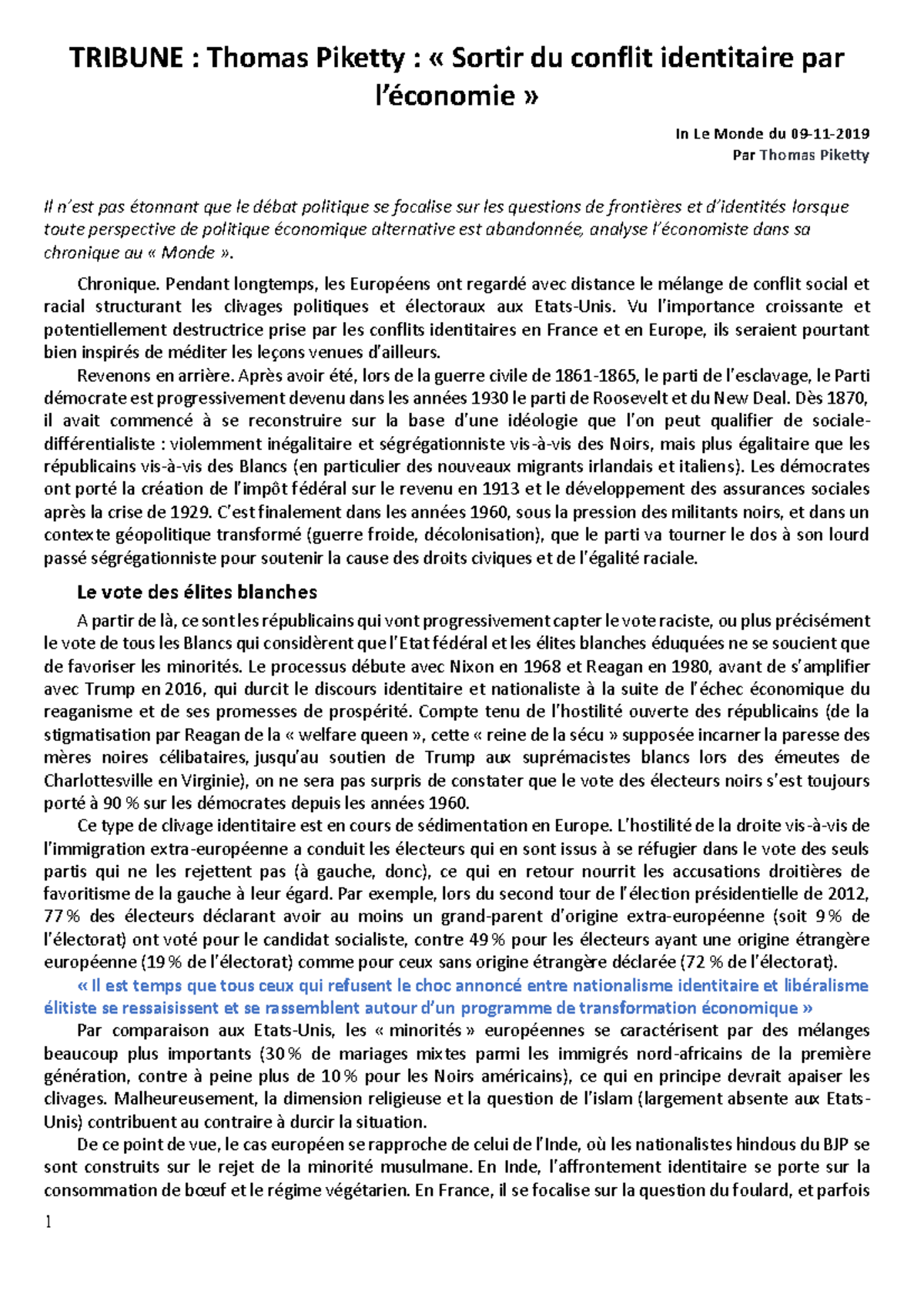 Thomas Piketty - « Sortir du conflit identitaire par l’économie ...