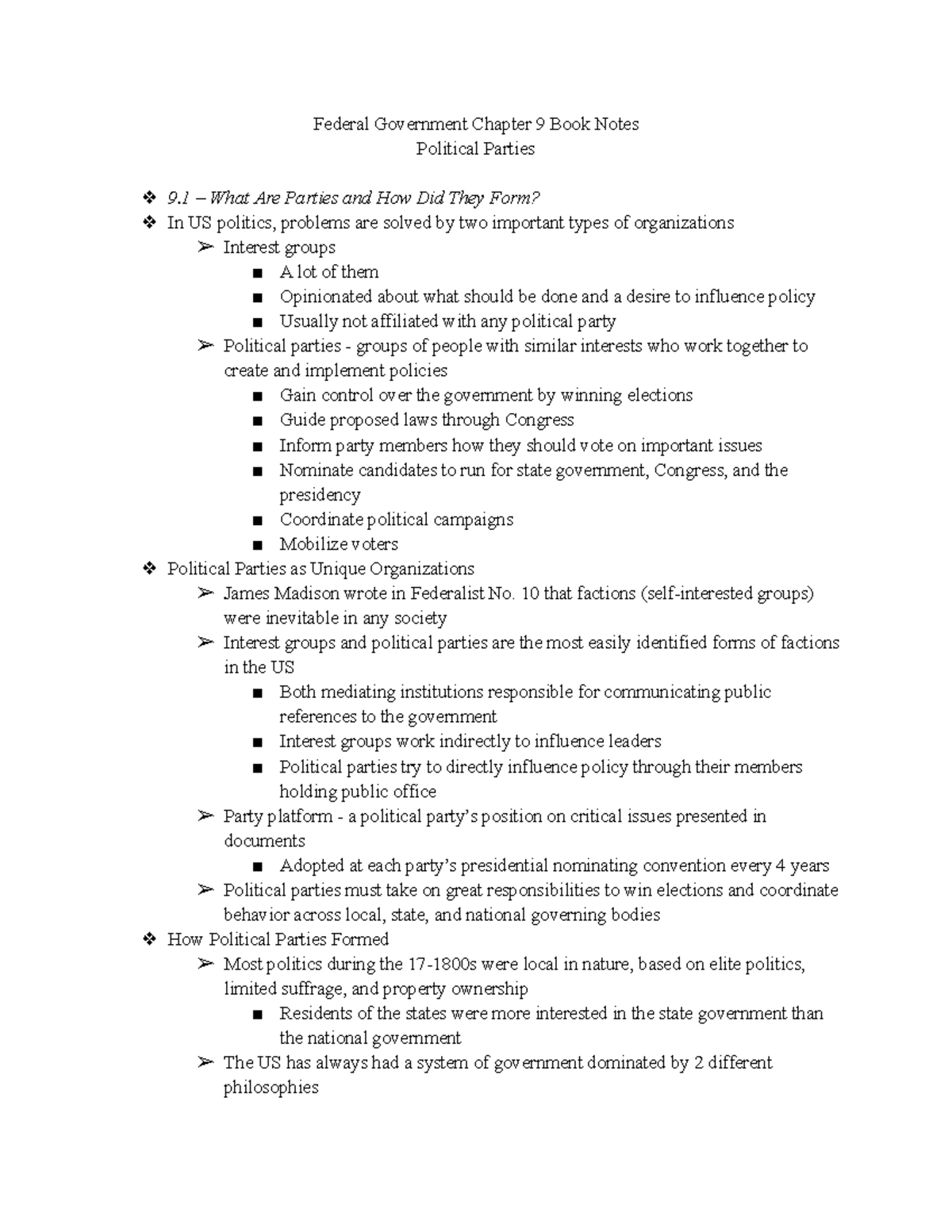 Federal Government Chapter 9 Book Notes - 10 that factions (self ...