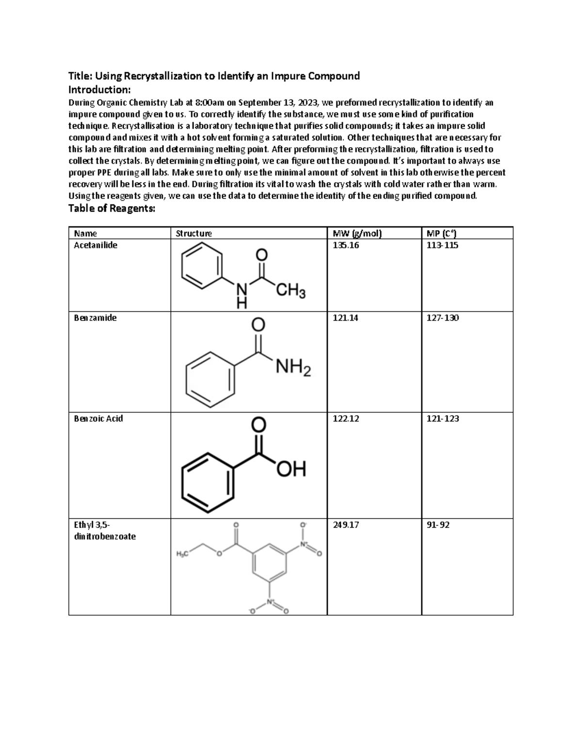 Lab 1 - lab 1 - Title: Using Recrystallization to Identify an Impure ...