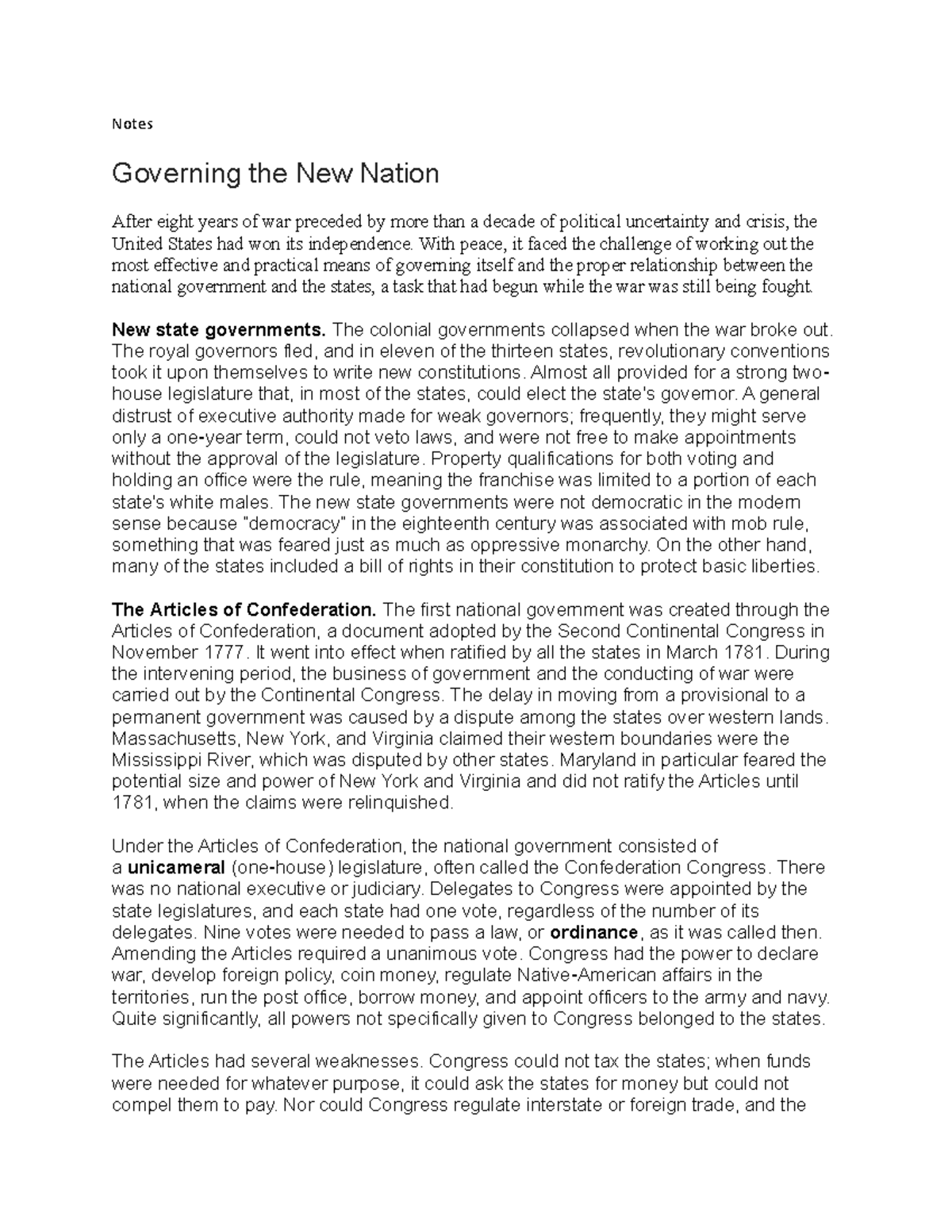 Document 116 - history - Notes Governing the New Nation After eight ...