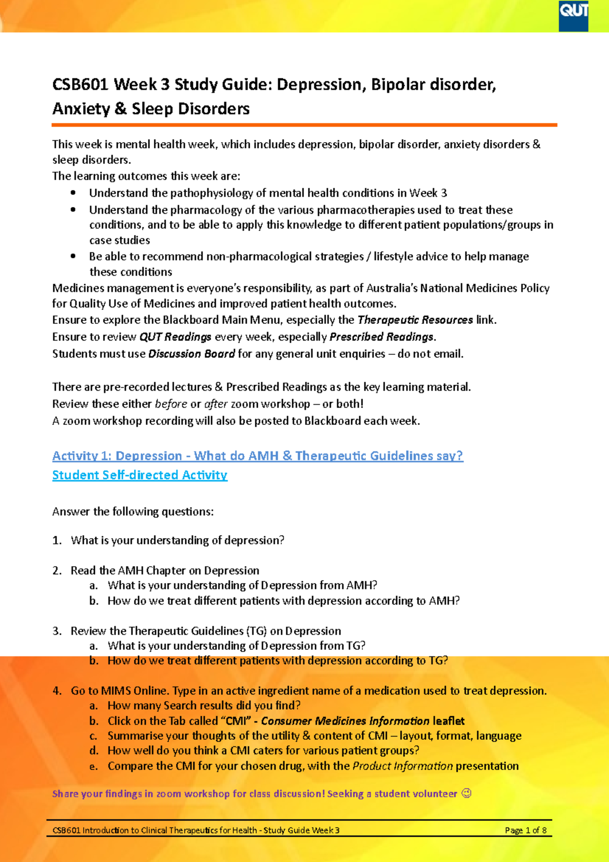 CSB601 Week 3 Study Guide Mental Health Depression Bipolar Anxiety ...