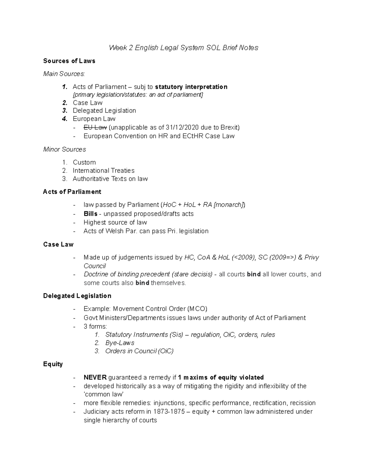 Week 2 English Legal System Brief Notes - Week 2 English Legal System ...