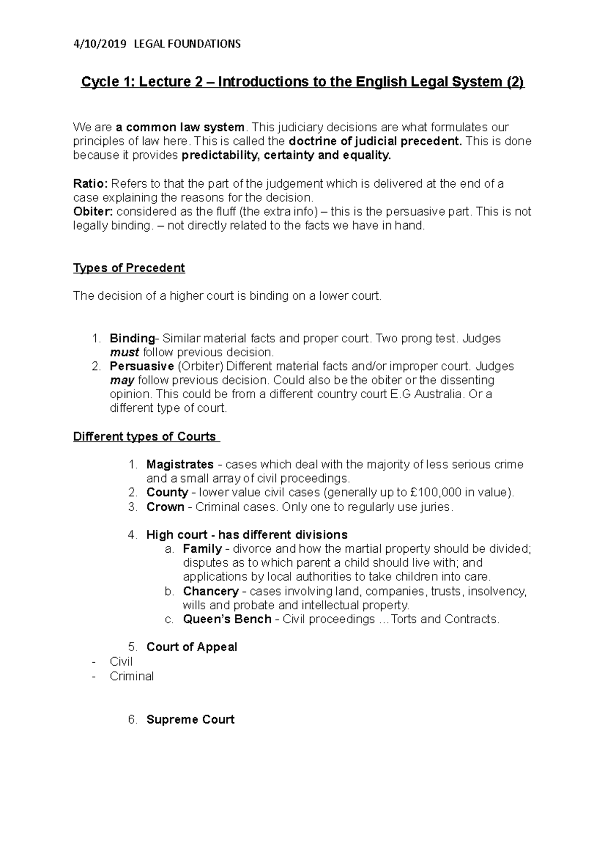English Legal System - cycle 1 - 4/10/2019 LEGAL FOUNDATIONS Cycle 1 ...