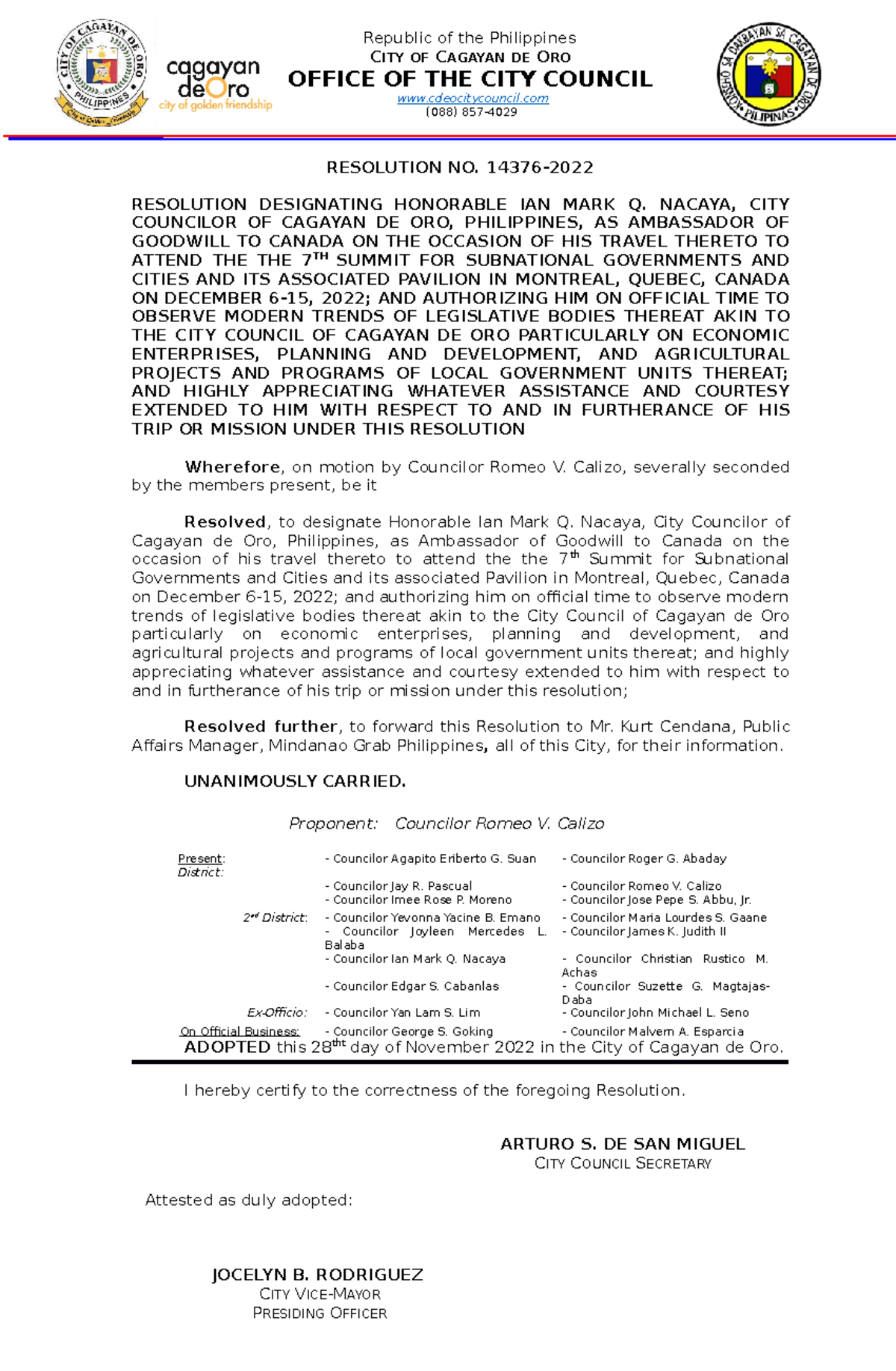 R14376-2022 (designating Councilor Nacaya as Ambassador of Goodwill ...