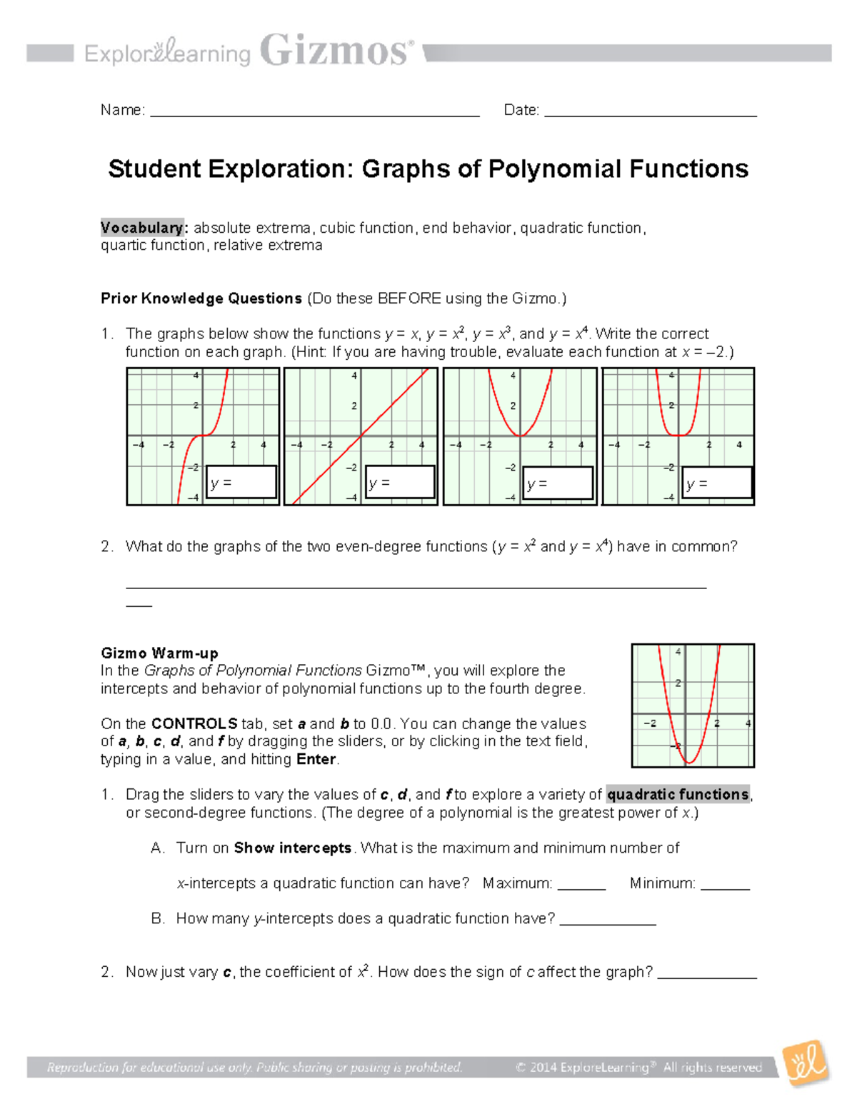Graphs Polynomial Functions - Name: Date: Student Exploration: Graphs ...