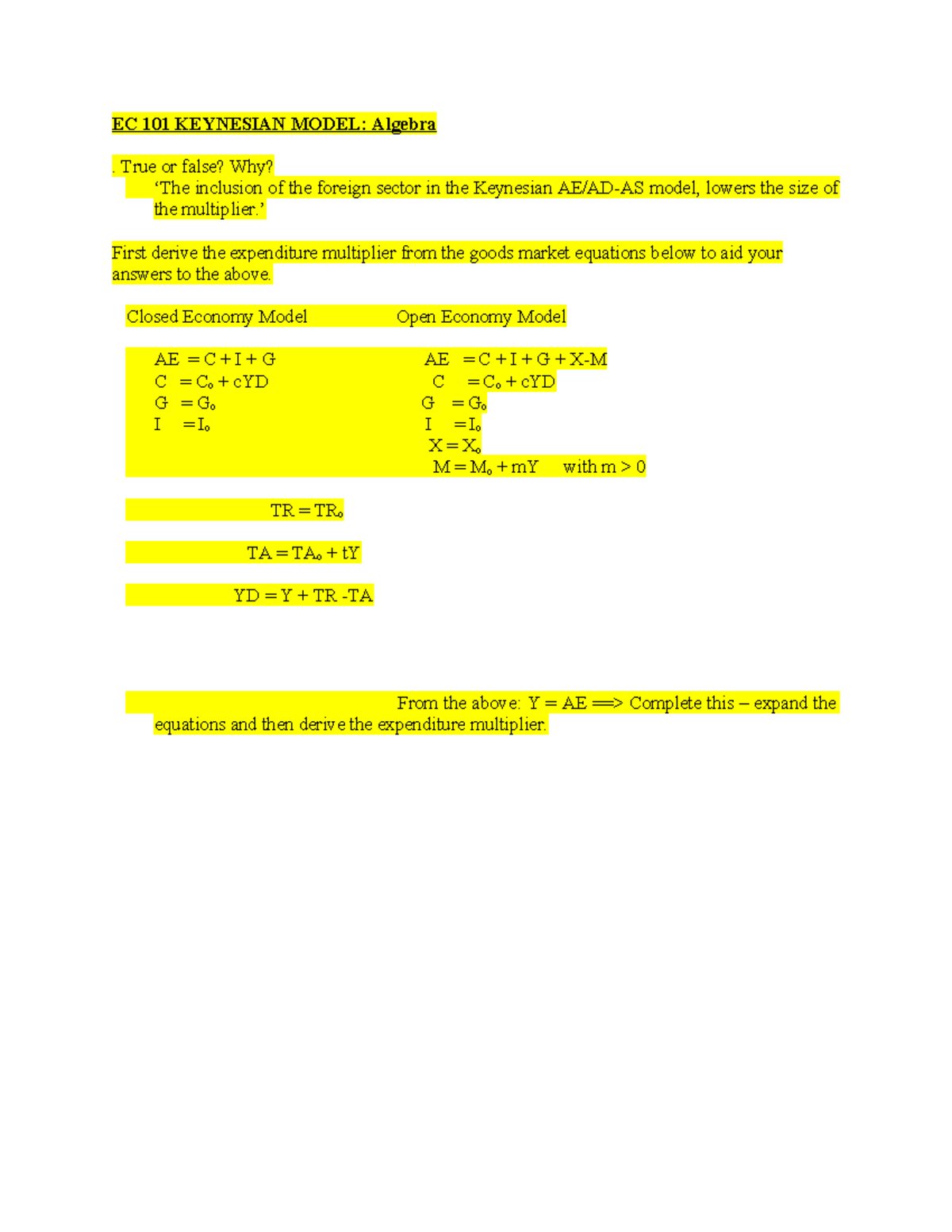 EC 101 Keynesian Model - Algebra - EC 101 KEYNESIAN MODEL: Algebra ...