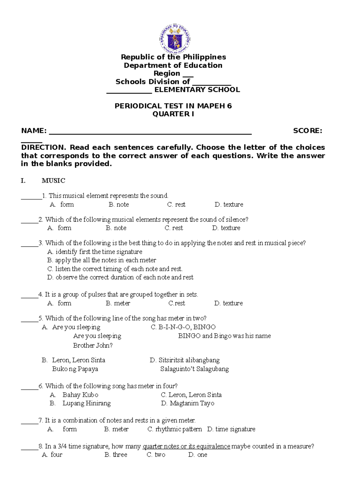Mapeh 6 Q1 PT - n/a - Republic of the Philippines Department of ...