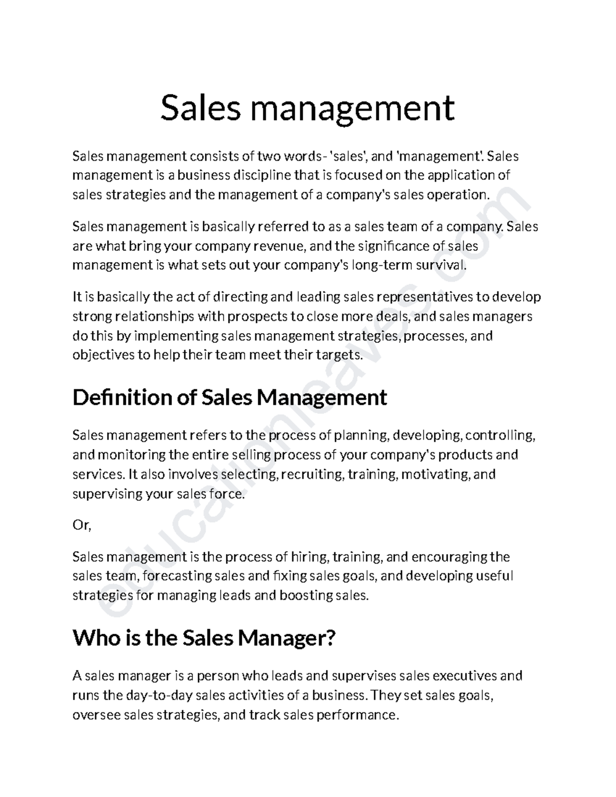 Sales Management Summary Chapter 1 - educationleaves Sales management ...