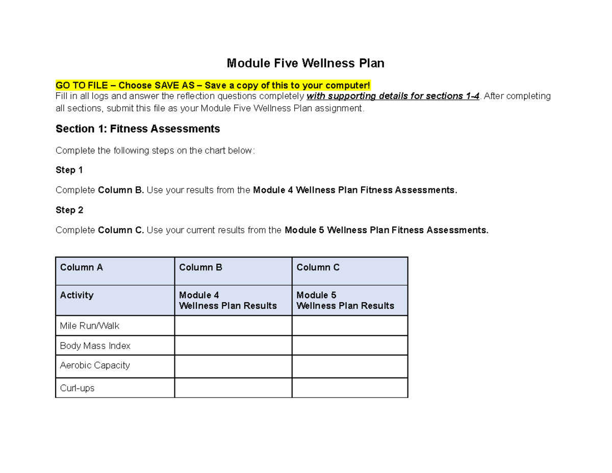Module five wellness plan - Module Five Wellness Plan GO TO FILE ...
