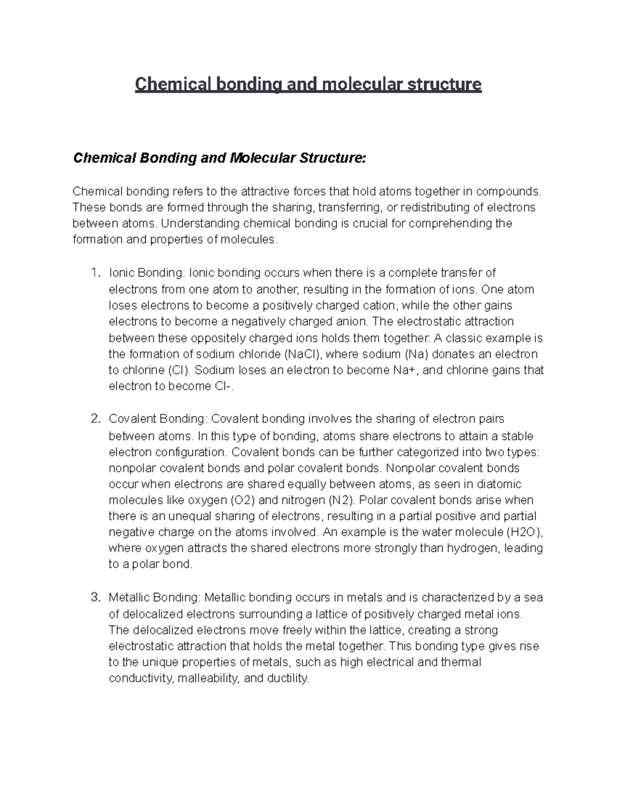 Notes on Chemical bonding and molecular structure - Chemical bonding ...