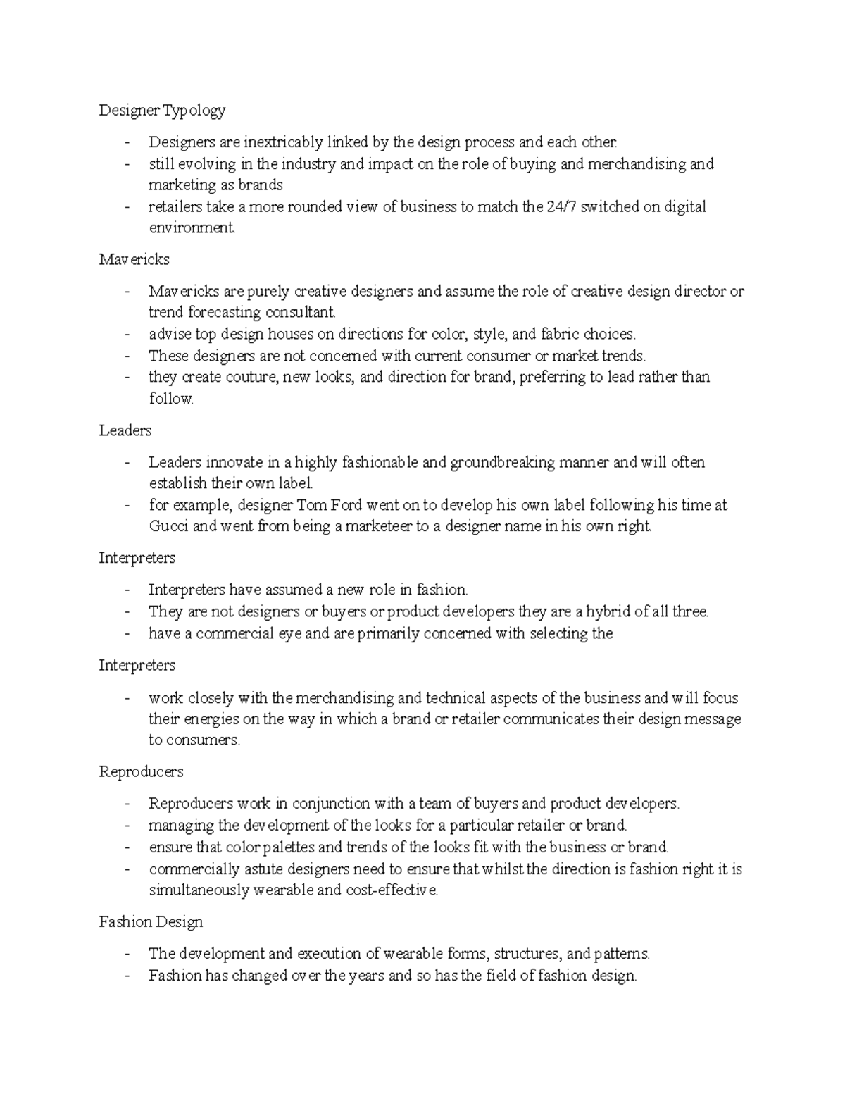 Fashion And Textile Industry notes 5 - Designer Typology Designers are ...