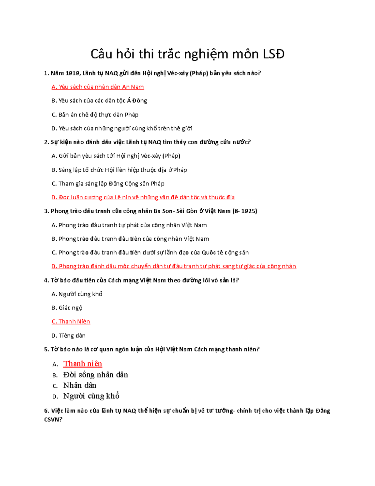 Lsd - de thi lsd - Câu h i thi trắắc nghi m môn LSĐỏ ệ Năm 1919, Lãnh t NAQ g i đếến H i ngh Véc ...