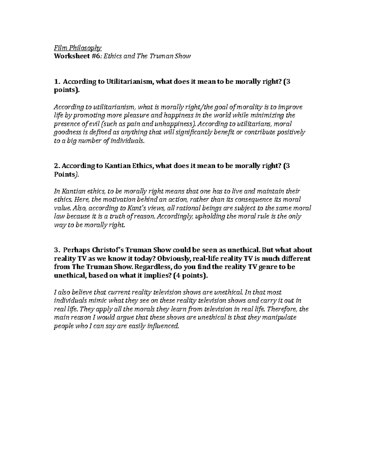 Worksheet #6 - Practice material - Film Philosophy Worksheet #6 ...