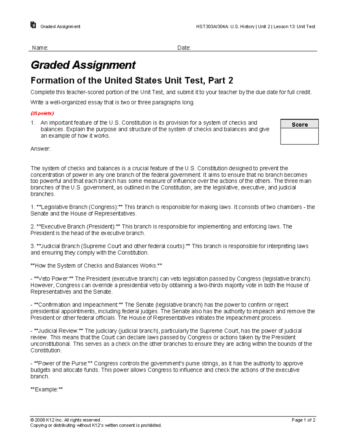 Formation of the United States Unit Test, Part 2 - Graded Assignment ...