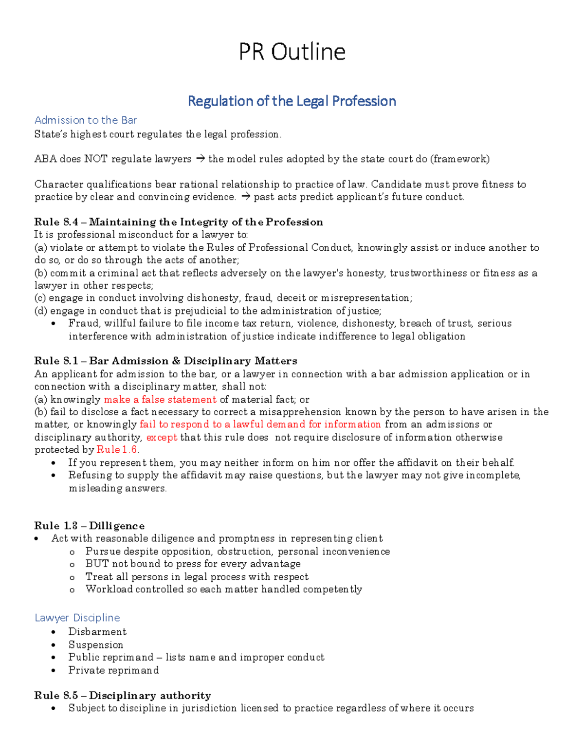 PR Outline - PR Outline Regulation of the Legal Profession Admission to ...