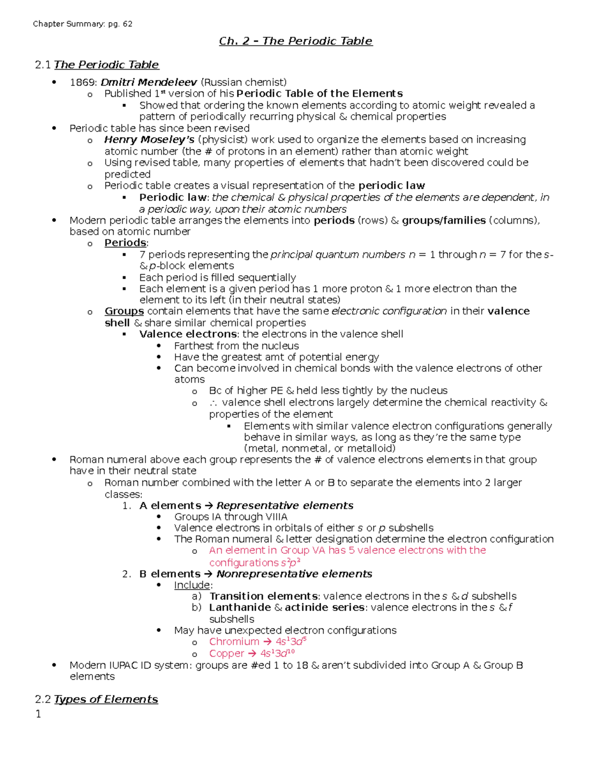 Periodic Table Summary Notes - Ch. 2 – The Periodic Table 2 The ...