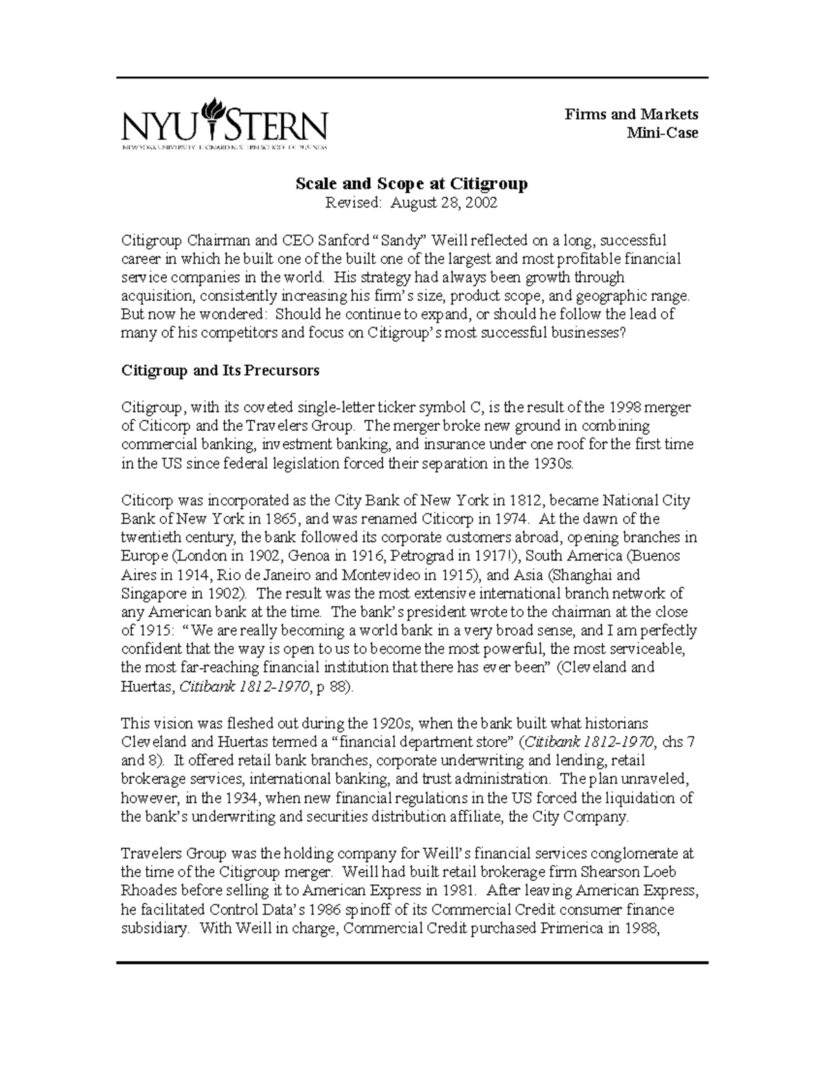 Citi Group - Scale and Scope at Citigroup Revised: August 28, 2002 ...