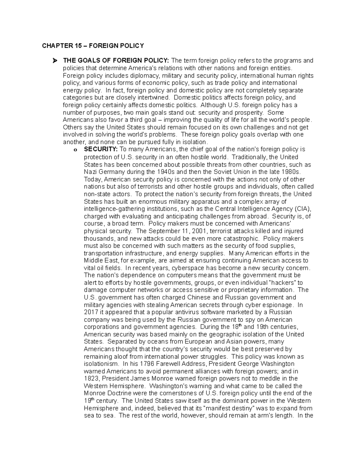 Chapter 15 Notes - CHAPTER 15 – FOREIGN POLICY THE GOALS OF FOREIGN ...