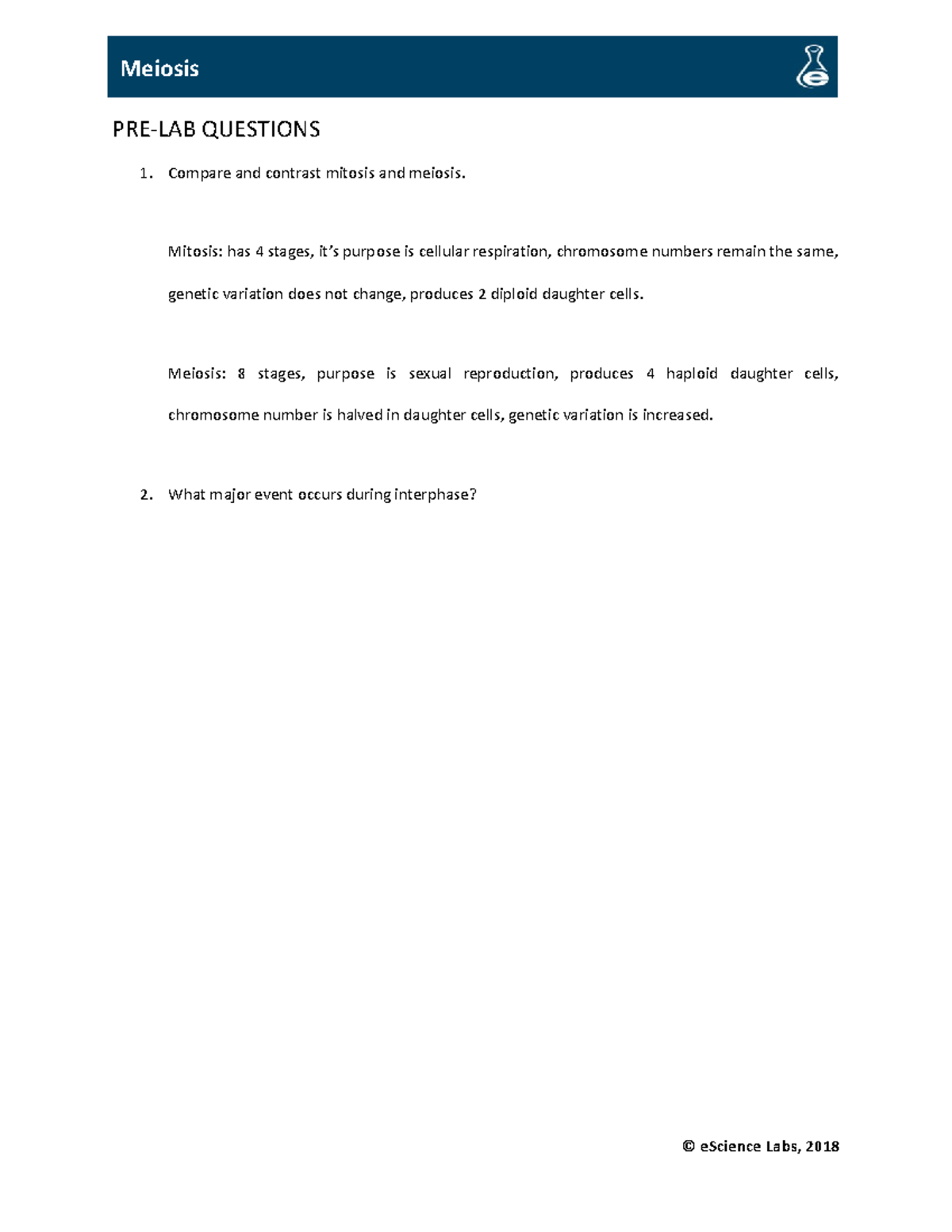 Week 10 Lab Notebook - Meiosis - PRE-LAB QUESTIONS 1. Compare and ...