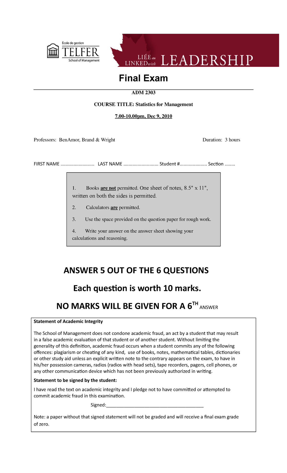 Final exam 2010, questions - Final Exam ADM 2303 COURSE TITLE ...