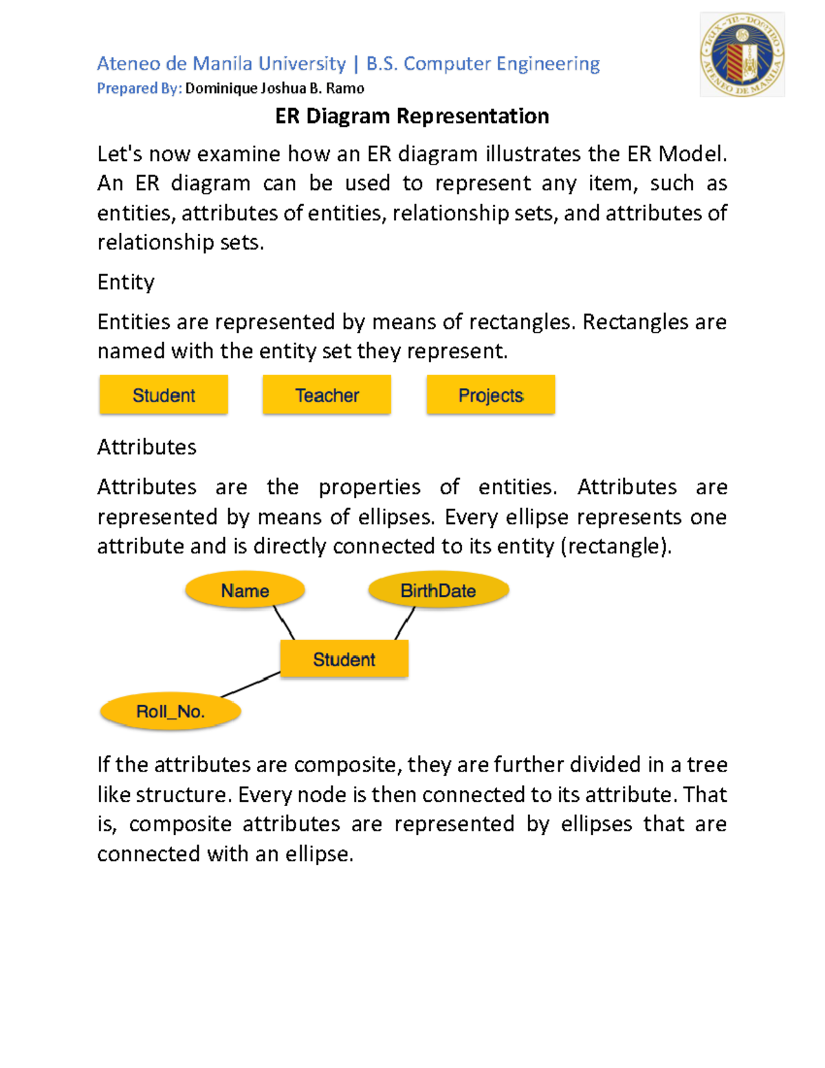 Study Guide - ER Diagram Representation - Prepared By: Dominique Joshua B. Ramo ER Diagram - Studocu