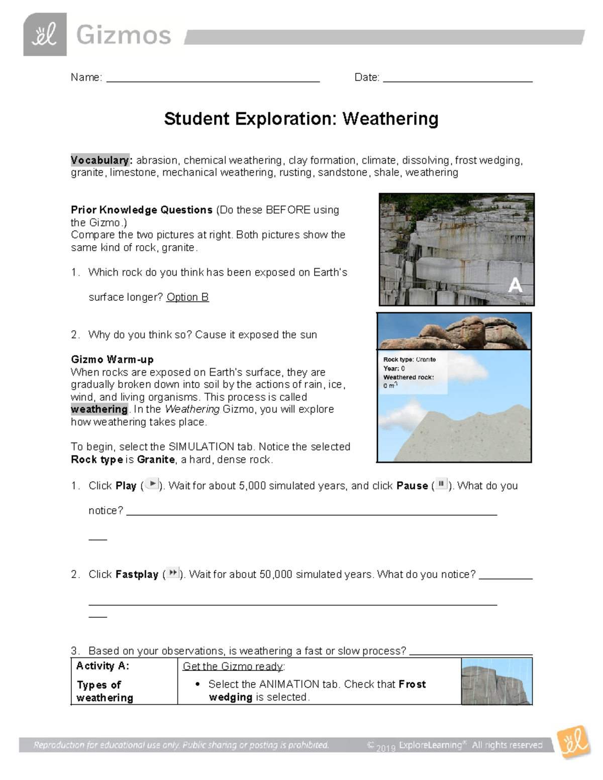 Weathering Gizmo - Name: Date: Student Exploration: Weathering ...