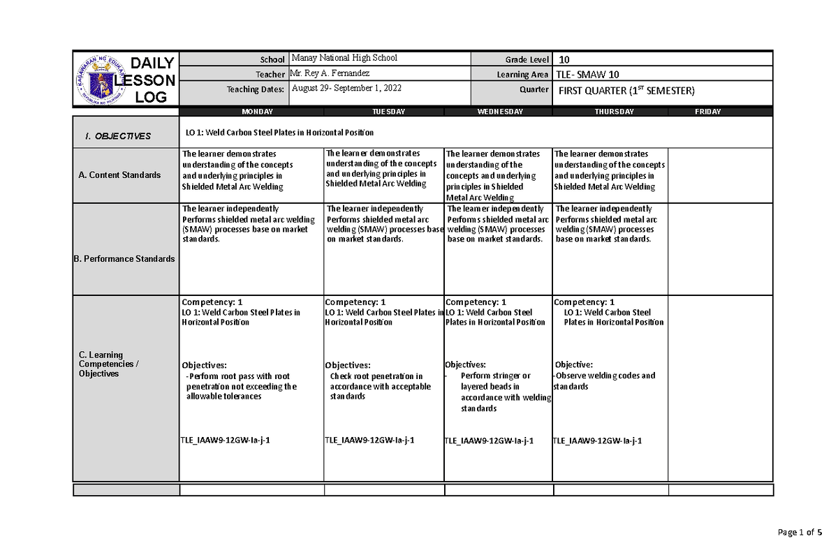 Smaw-10-week2 - 2022 - DAILY LESSON LOG School Manay National High School Grade Level 10 Teacher ...