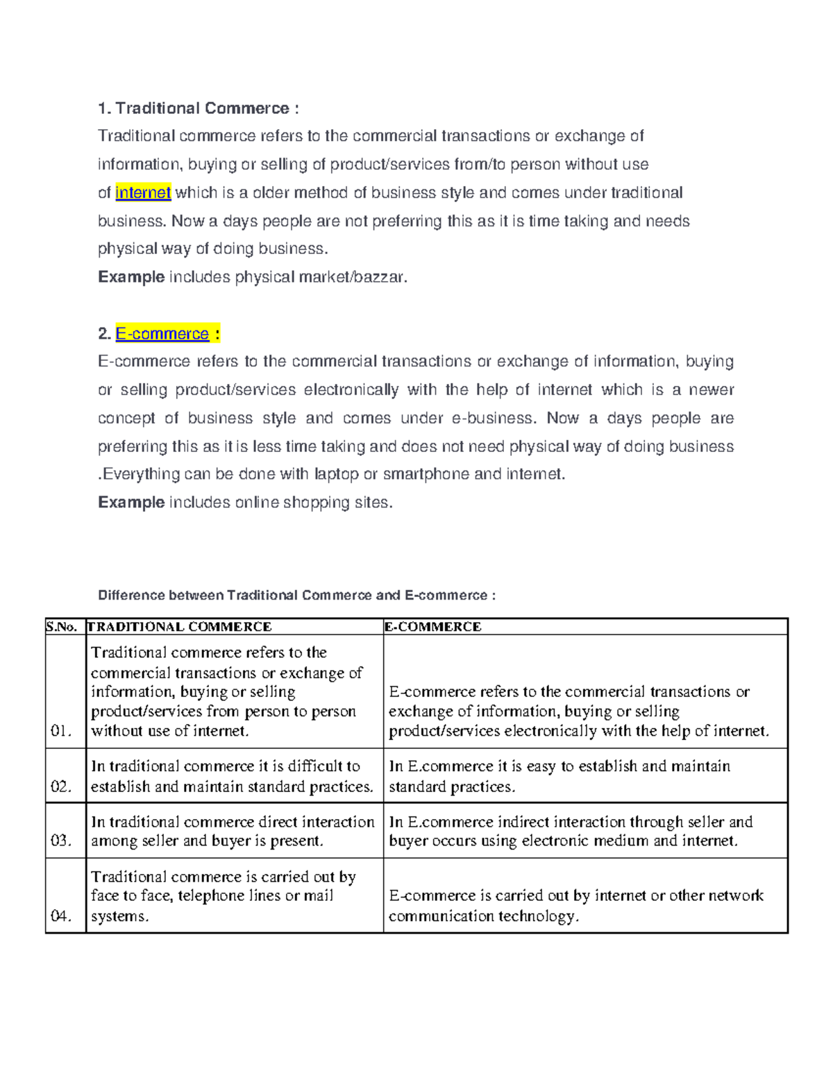 EB unit 1 2 - Lecture notes 1-5 - 1. Traditional Commerce : Traditional ...