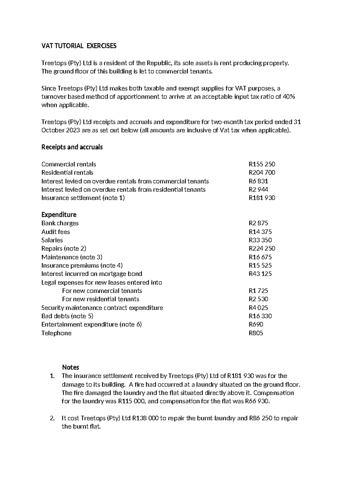 VAT Tutorial Exercises - VAT TUTORIAL EXERCISES Treetops (Pty) Ltd is a ...