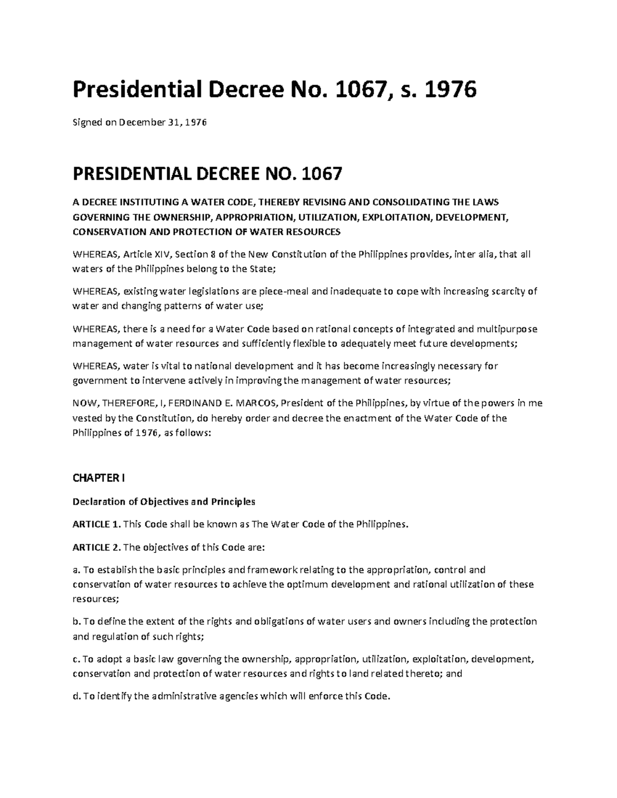 PD 1067, s. 1976 - Water Code of the Philippines - Presidential Decree ...