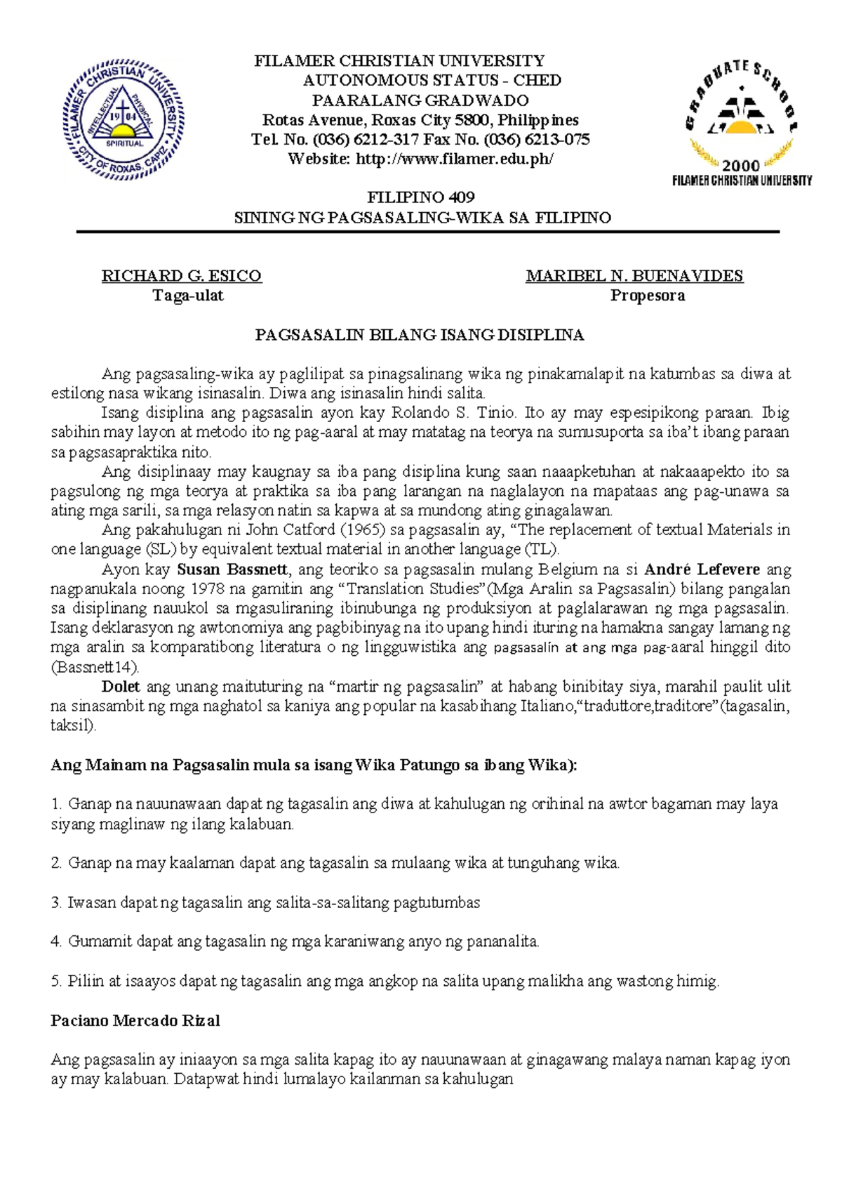 Pagsasaling-wika-docs - FILAMER CHRISTIAN UNIVERSITY AUTONOMOUS STATUS - CHED PAARALANG GRADWADO ...