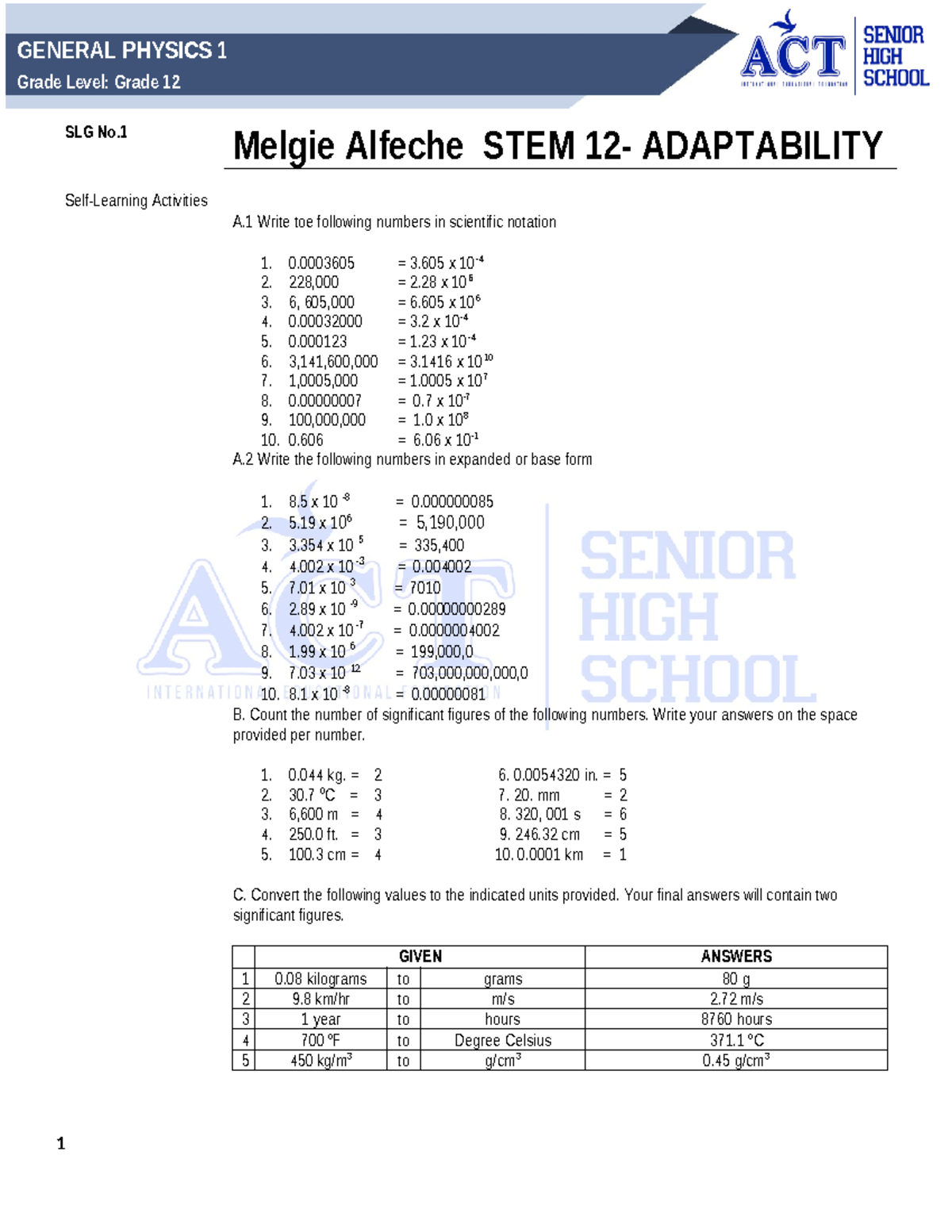 SLG 1 Physics ANS - Activity answer - GENERAL PHYSICS 1 Grade Level ...