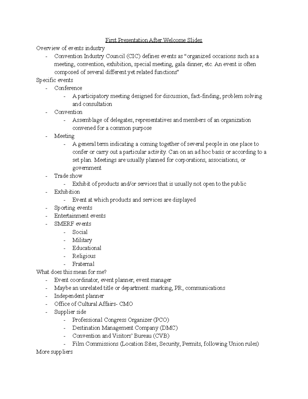HTM 3424 Notes pt. 1 - Comm Major - First Presentation After Welcome ...