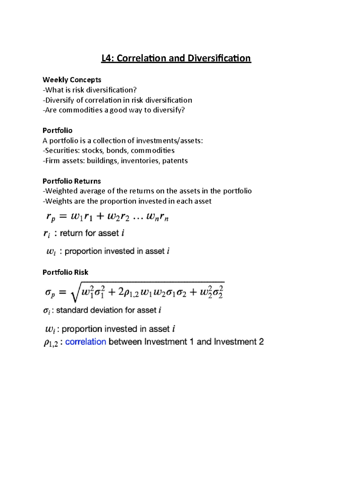 L4- Correlation and Diversification - L4: Correlation and ...