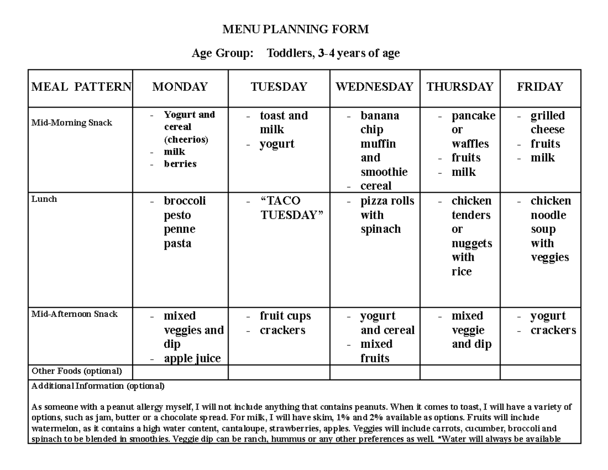 Menu Planning Form - ECED 1005 (Bassi, Kristine) - MENU PLANNING FORM ...