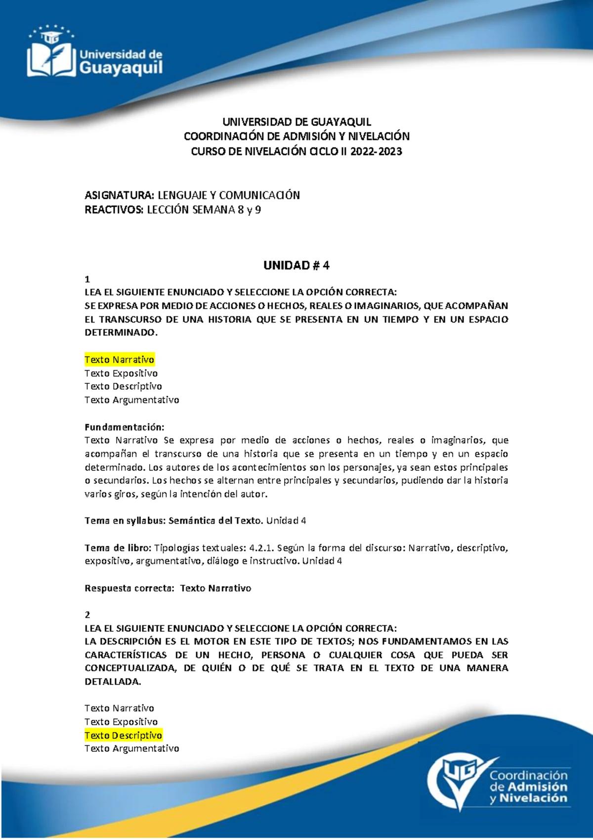 Reactivos examen 2do parcial - UNIVERSIDAD DE GUAYAQUIL COORDINACI”N DE ADMISI”N Y NIVELACI”N ...