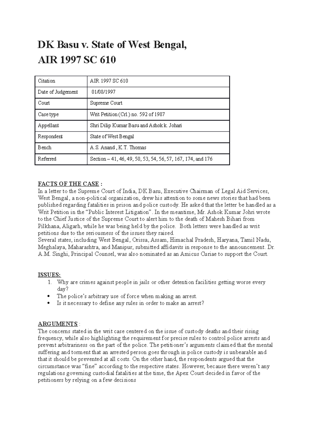 Criminal Procedure Code Case Study - DK Basu v. State of West Bengal ...