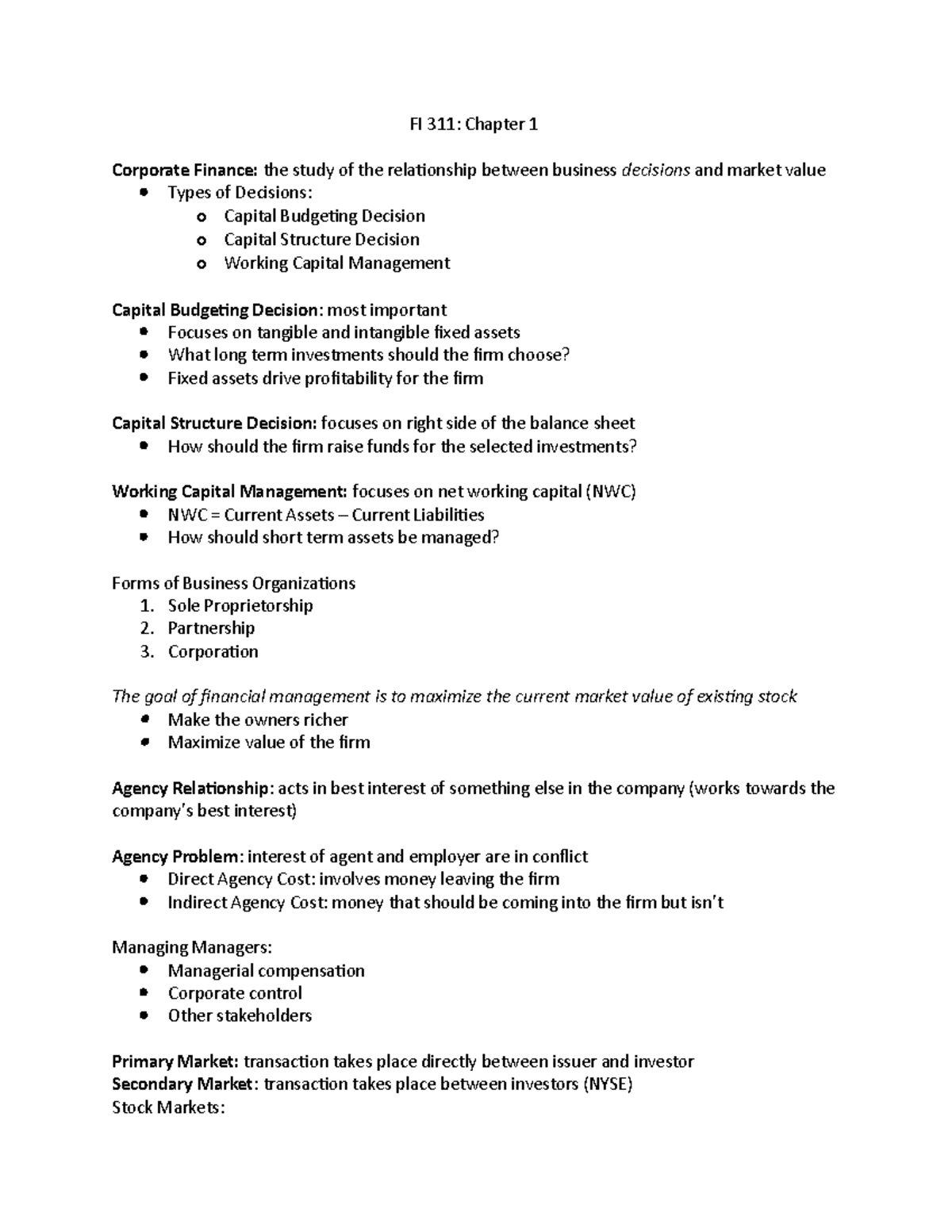 FI 311 Chapter 1 - Lecture notes 1 - FI 311: Chapter 1 Corporate ...