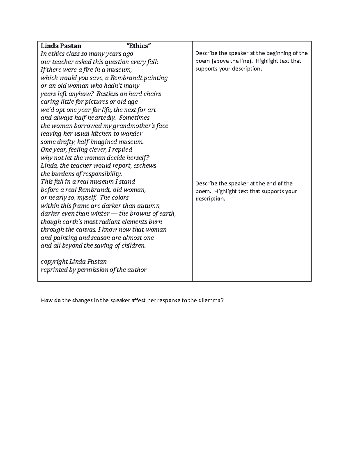 Linda Pastan ethics 2014 - Linda Pastan “Ethics” In ethics class so ...