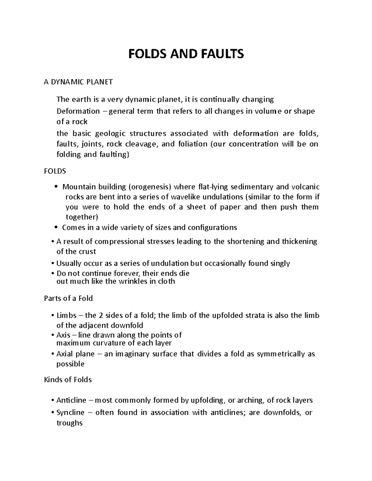 Folds AND Faults Summary - FOLDS AND FAULTS A DYNAMIC PLANET The earth ...
