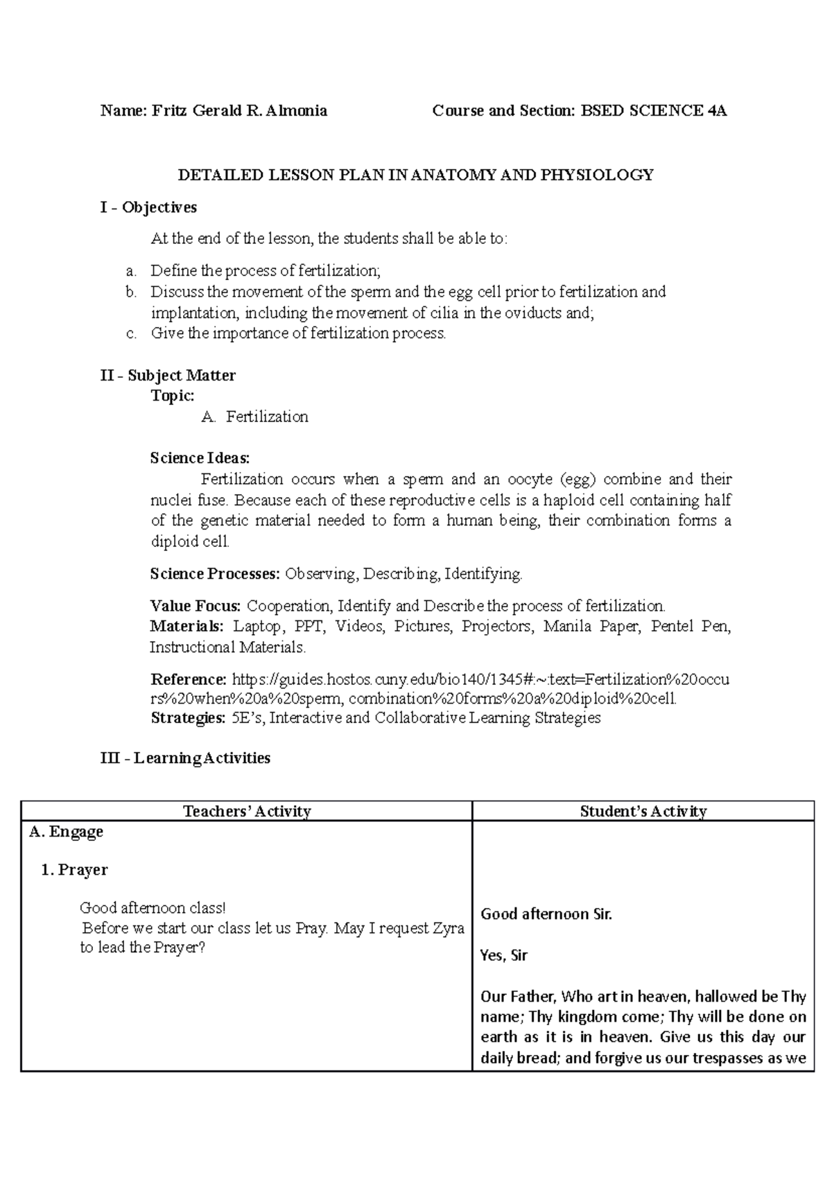 Fertilization-LP - lesson Plan - Name: Fritz Gerald R. Almonia Course ...