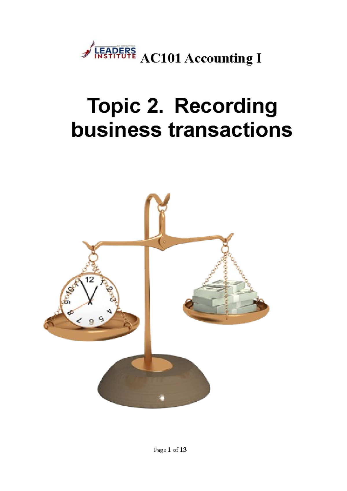 AC101 Acc I Wk 2 Exercise Homework - Topic 2. Recording business ...