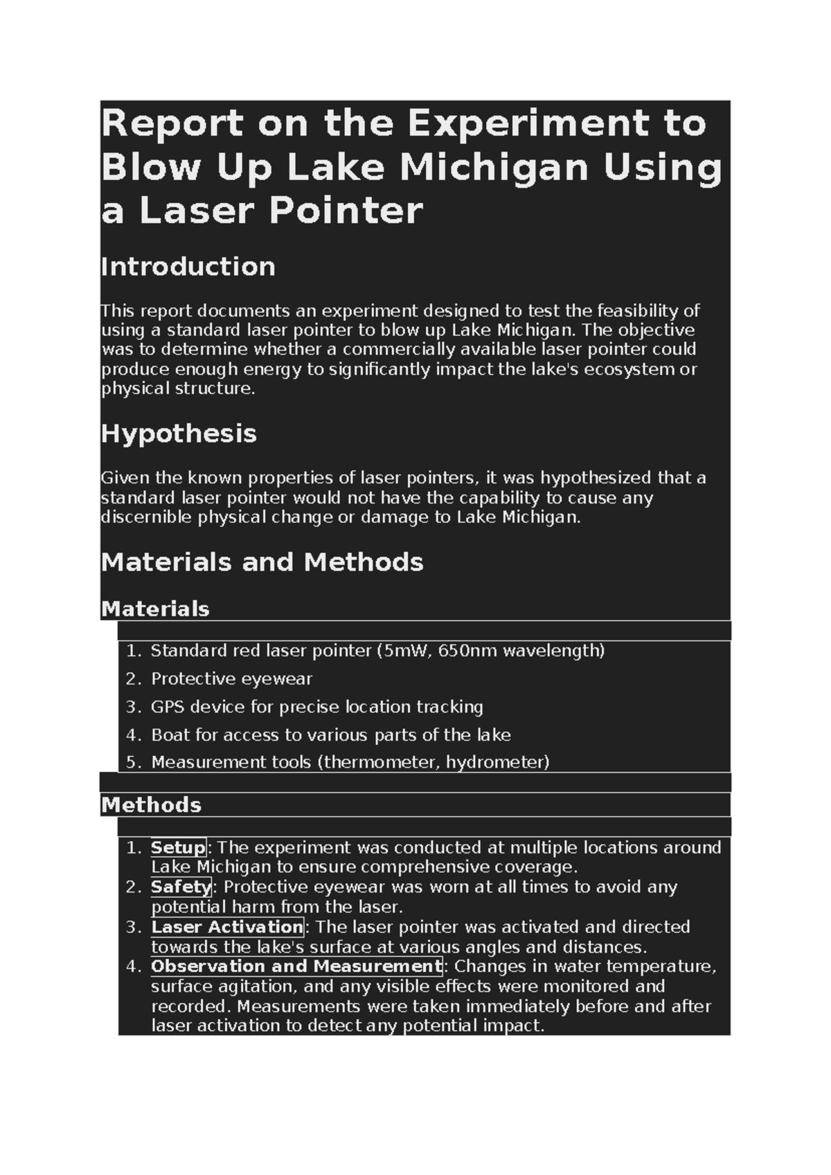 Report on the Experiment to Blow Up Lake Michigan Using a Laser Pointer ...