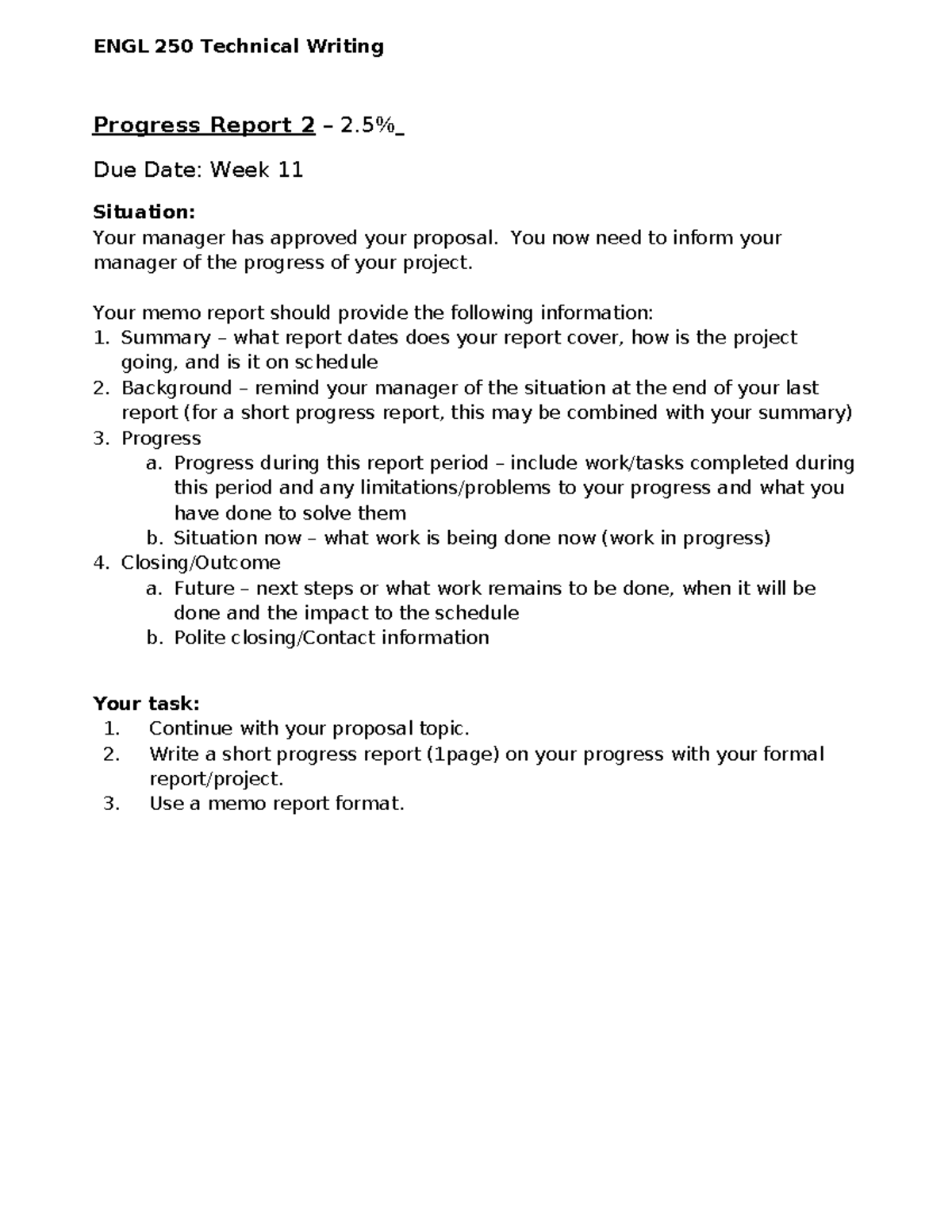 24W Progress Report 2 ENGL 250 - ENGL 250 Technical Writing Progress ...