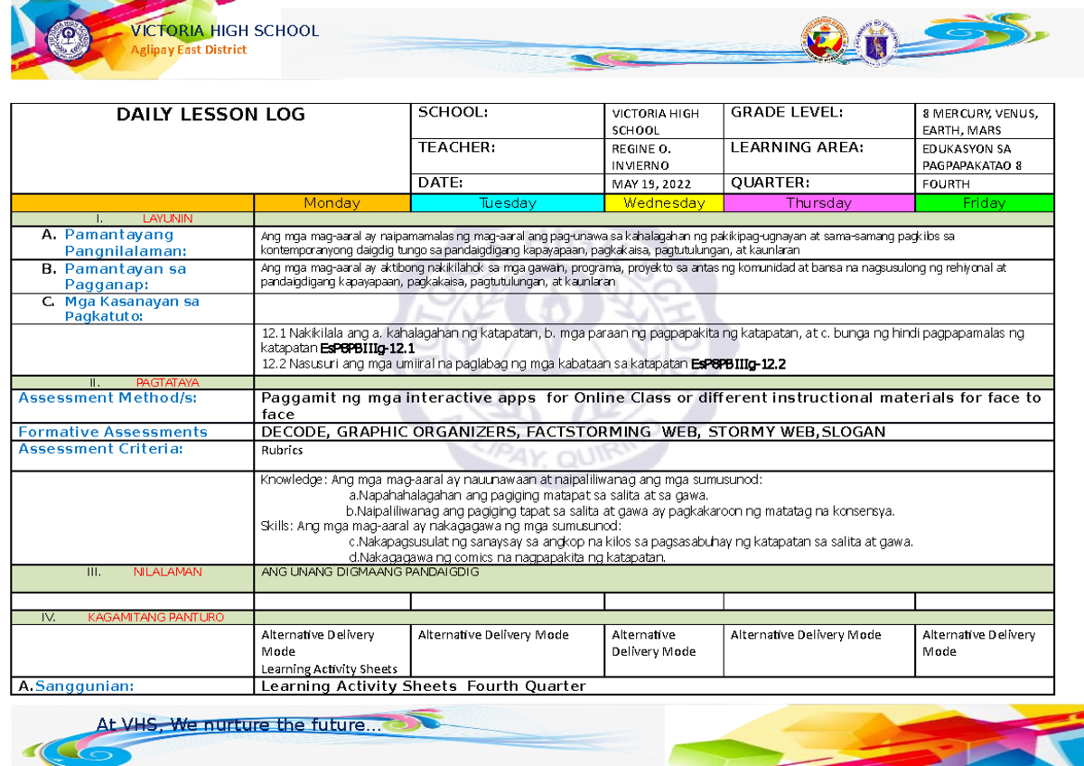 DLL ESP 8 - ACSMSACSA, - DAILY LESSON LOG SCHOOL: VICTORIA HIGH SCHOOL ...