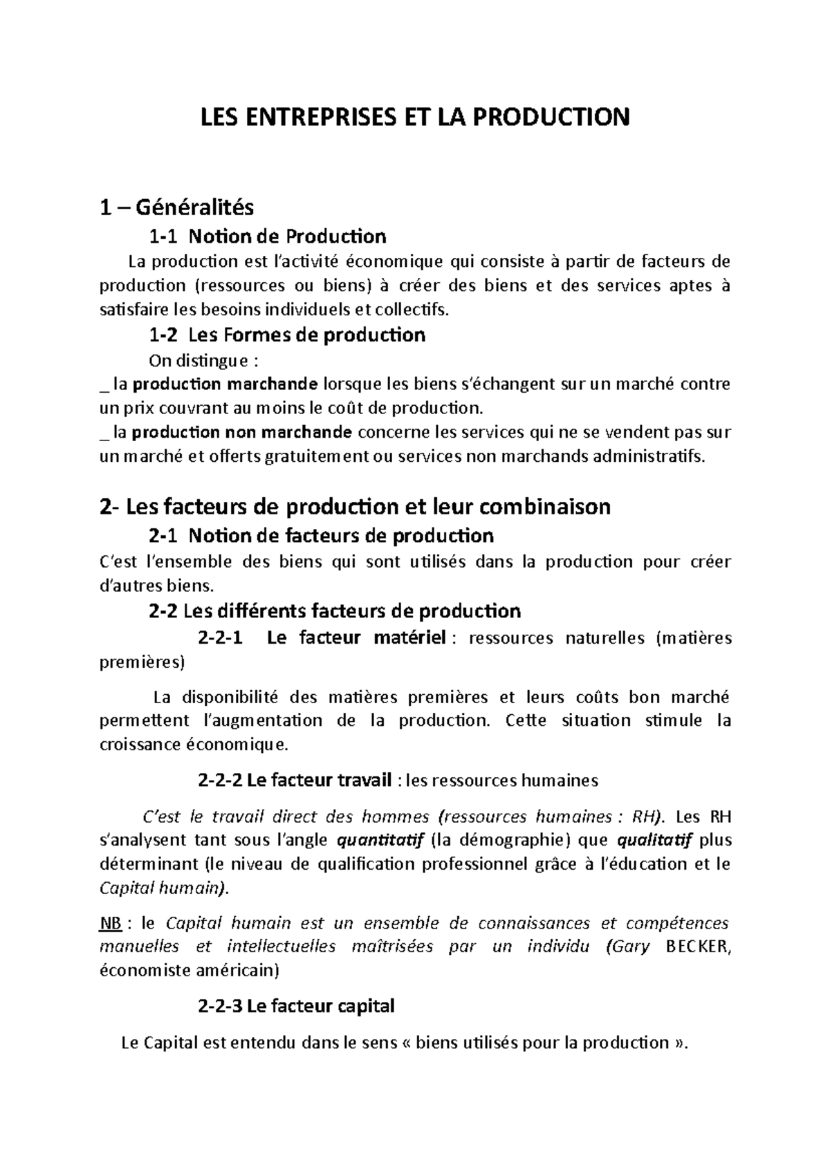 Leçon 5 - LES Entreprises ET LA Production - LES ENTREPRISES ET LA ...