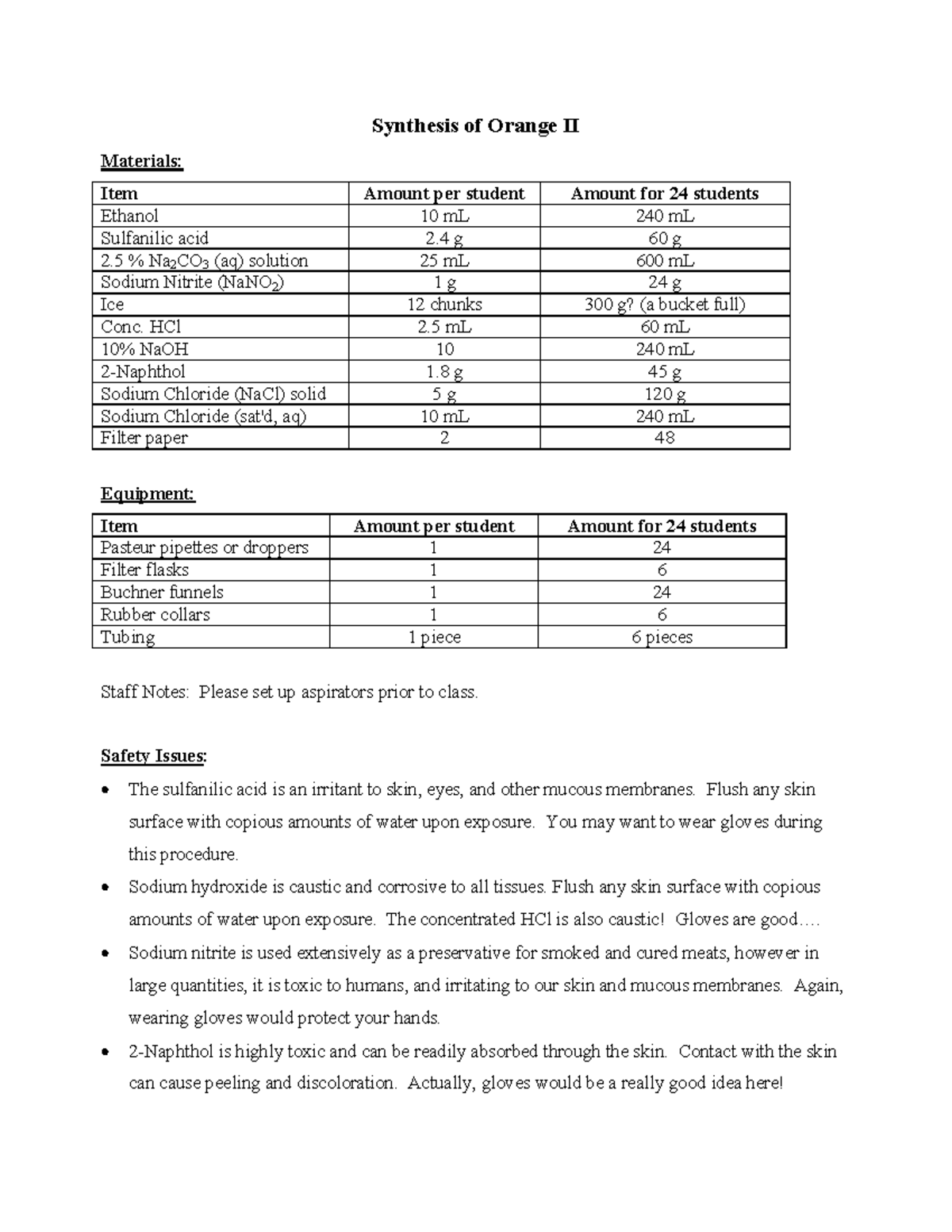 Synthesis of Orange II laboratory experiment - Synthesis of Orange II ...